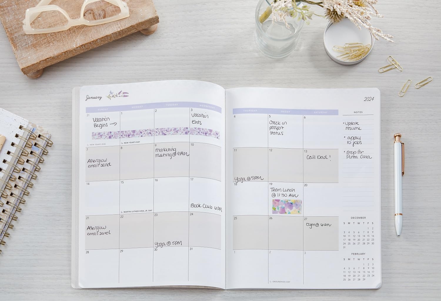 Southworth Planner (January 2024-December 2024), 8.5" x 11", Lovely Lavender Floral Bouquet, Premium 28#/105 gsm Paper, Large Flex Cover (91030)
