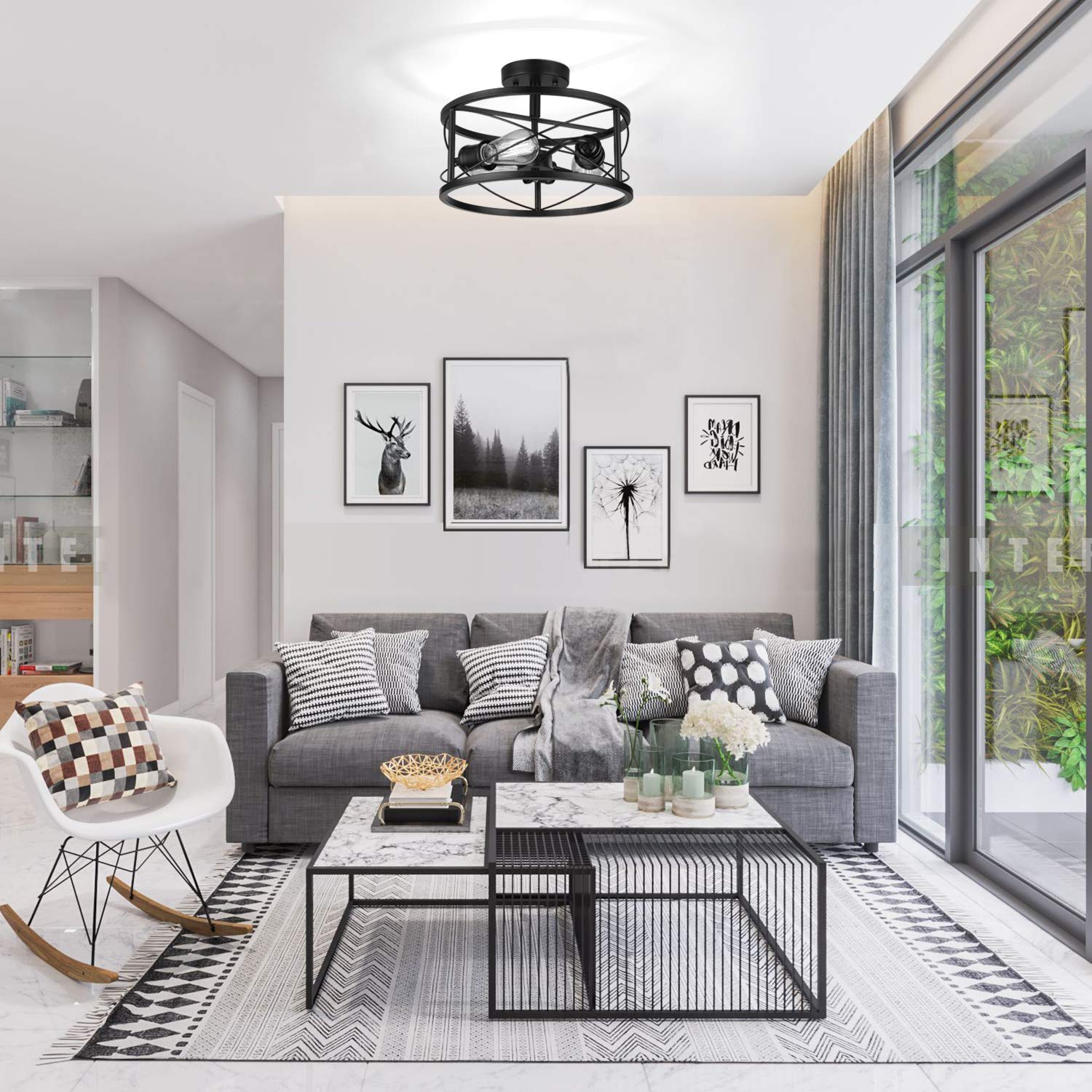 SunRider Industrial 3-Light Semi Flush Mount Ceiling Light, Modern Farmhouse Lighting Fixture with Metal Cage, Black Retro Pendant Lamp for Hallway
