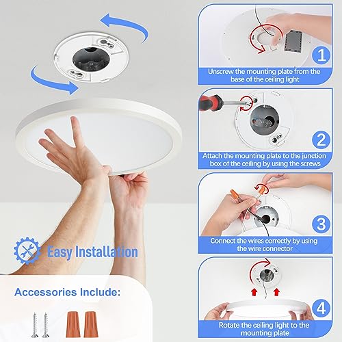 SunRider LED Flush Mount Ceiling Light Fixture, 5000K Daylight White, 2400LM, 12 Inch 24W White Round Flat Ceiling Lights, 240W Equiv. Non-Dimmable