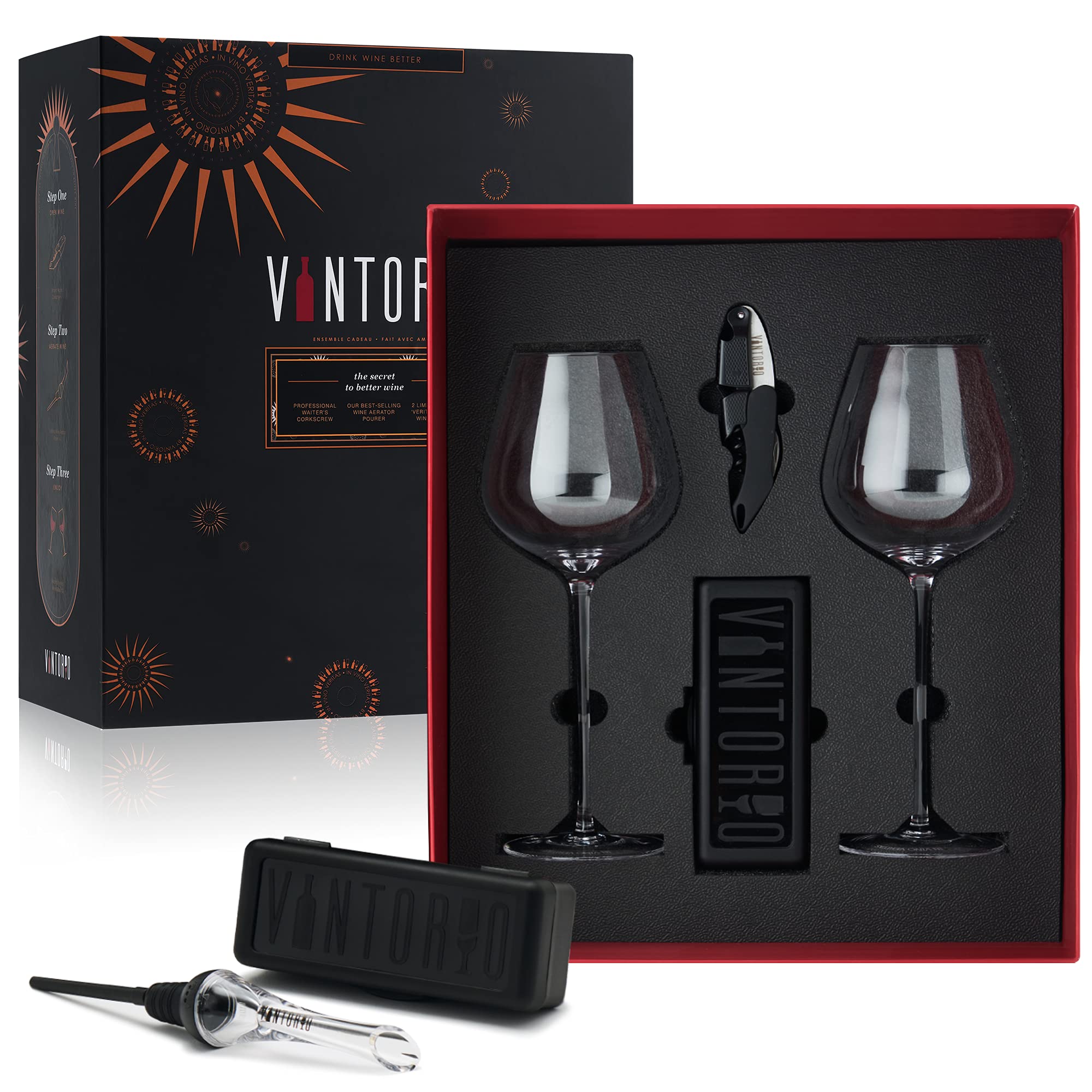 Vintorio Wine Glass, Aerator, and Corkscrew Set Essential Wine Gift Box - Open, Decant, and Enjoy