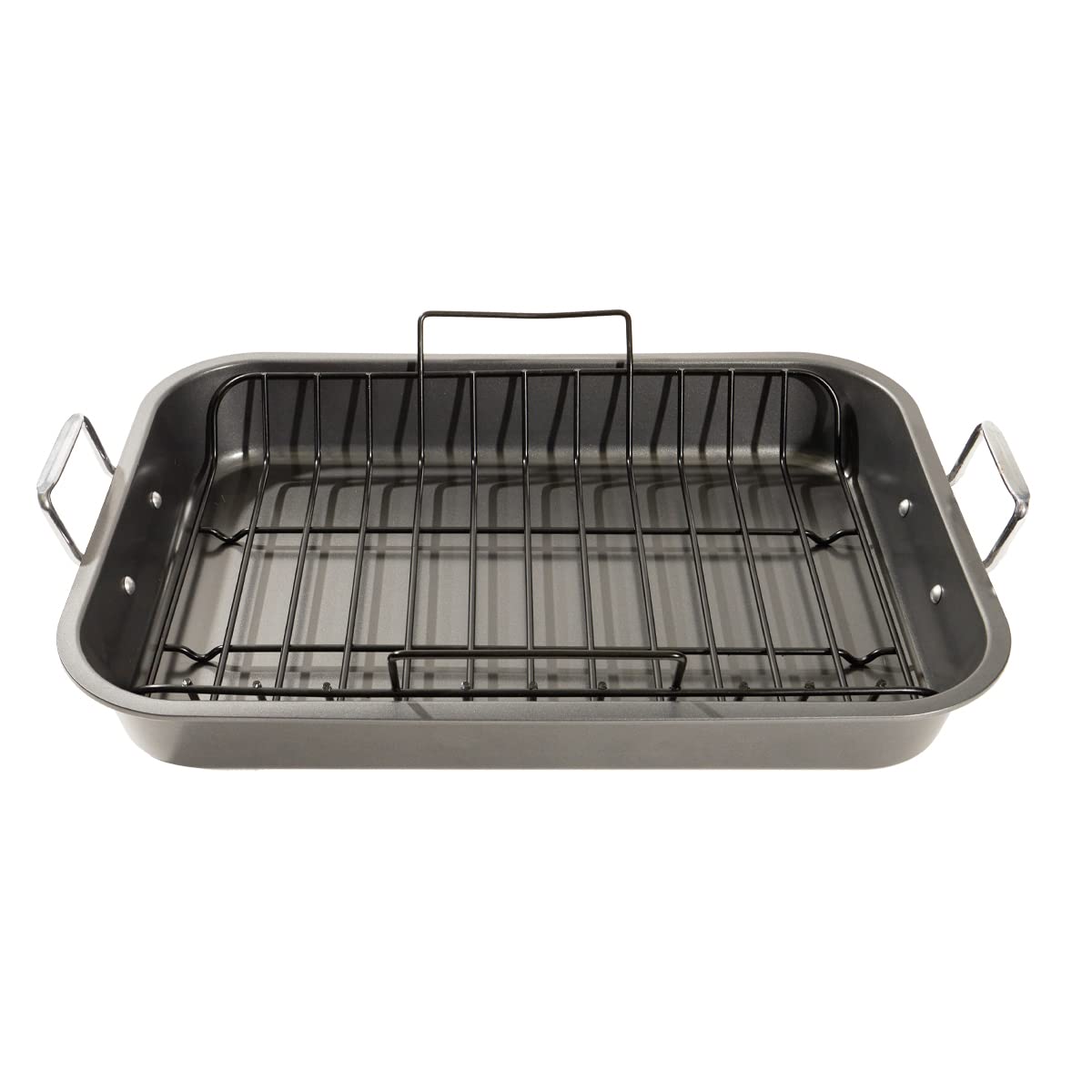 Turkey Roasting Pan With Rack (Grey/Black), By Home Basics | Carbon Steel Non-Stick Pan With Handles | 20" Roaster Great For Ham, Roast Beef, and Prime Rib, Gray, 22"x14.25"