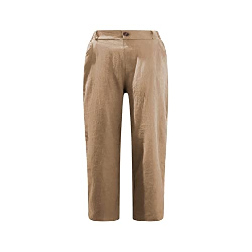 SMIDOW Amazon Coupons and Promo Codes Bell Bottom Pants for Women Women's Cotton Linen Capris Knee Length Pants Trousers Folded Hem Paper Bag Linen Pants with Pockets Cropped Pants Khaki 3XL