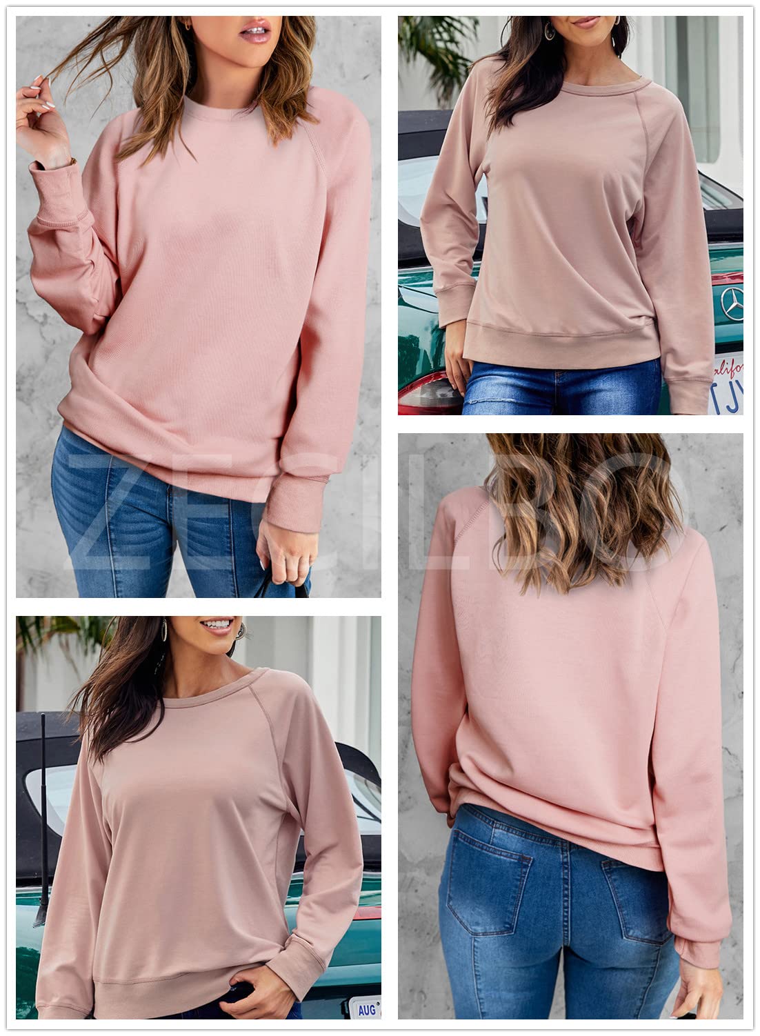 Zecilbo Womens Long Sleeve Crew Neck Sweatshirt Casual Solid Color Pullover