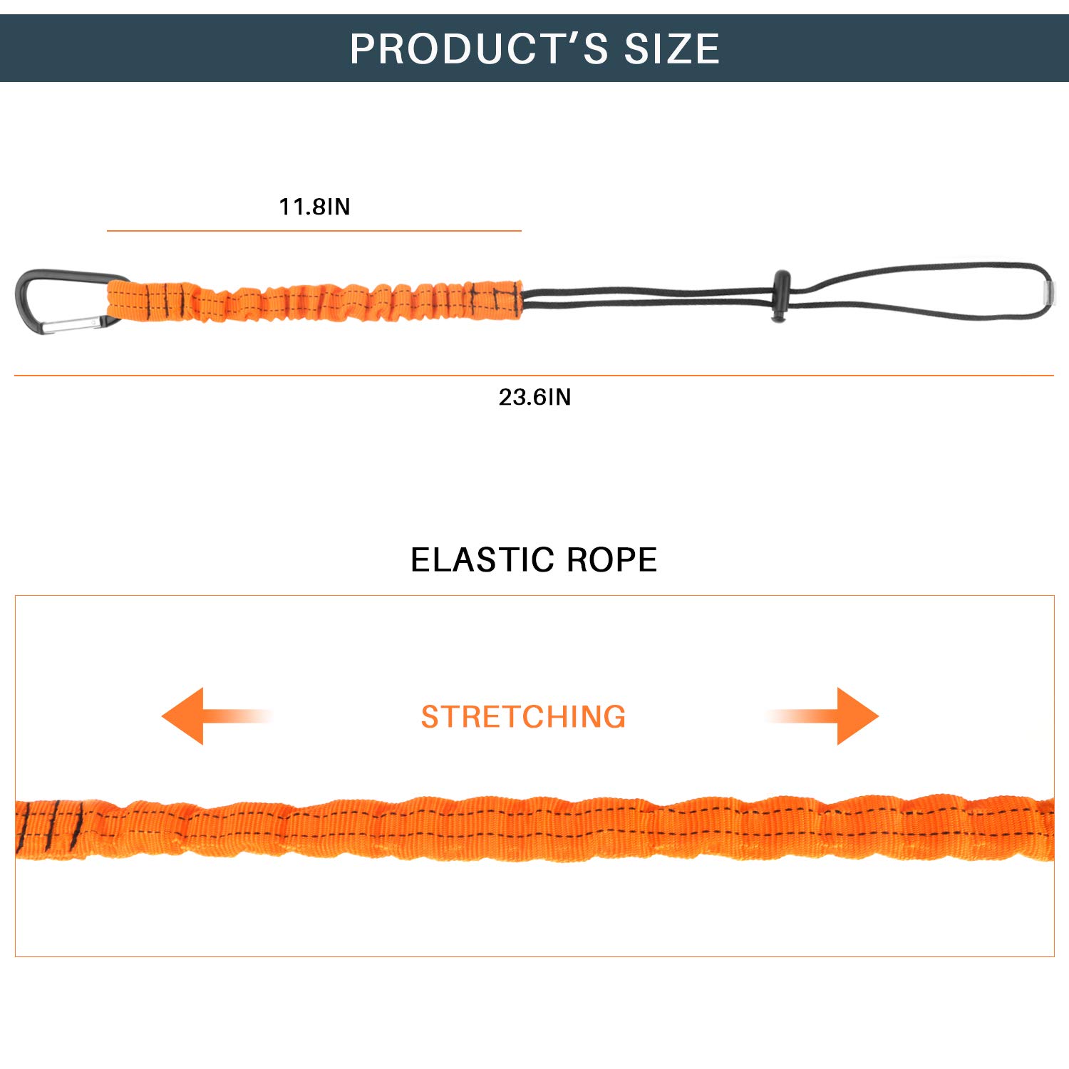 Tool Lanyard, Quick Release Shock Absorbing Safety Tool Leash Retractable Bungee Cord with Carabiner Clip and Adjustable Loop End, 15 Ib Working Limit Fall Protection Equipment