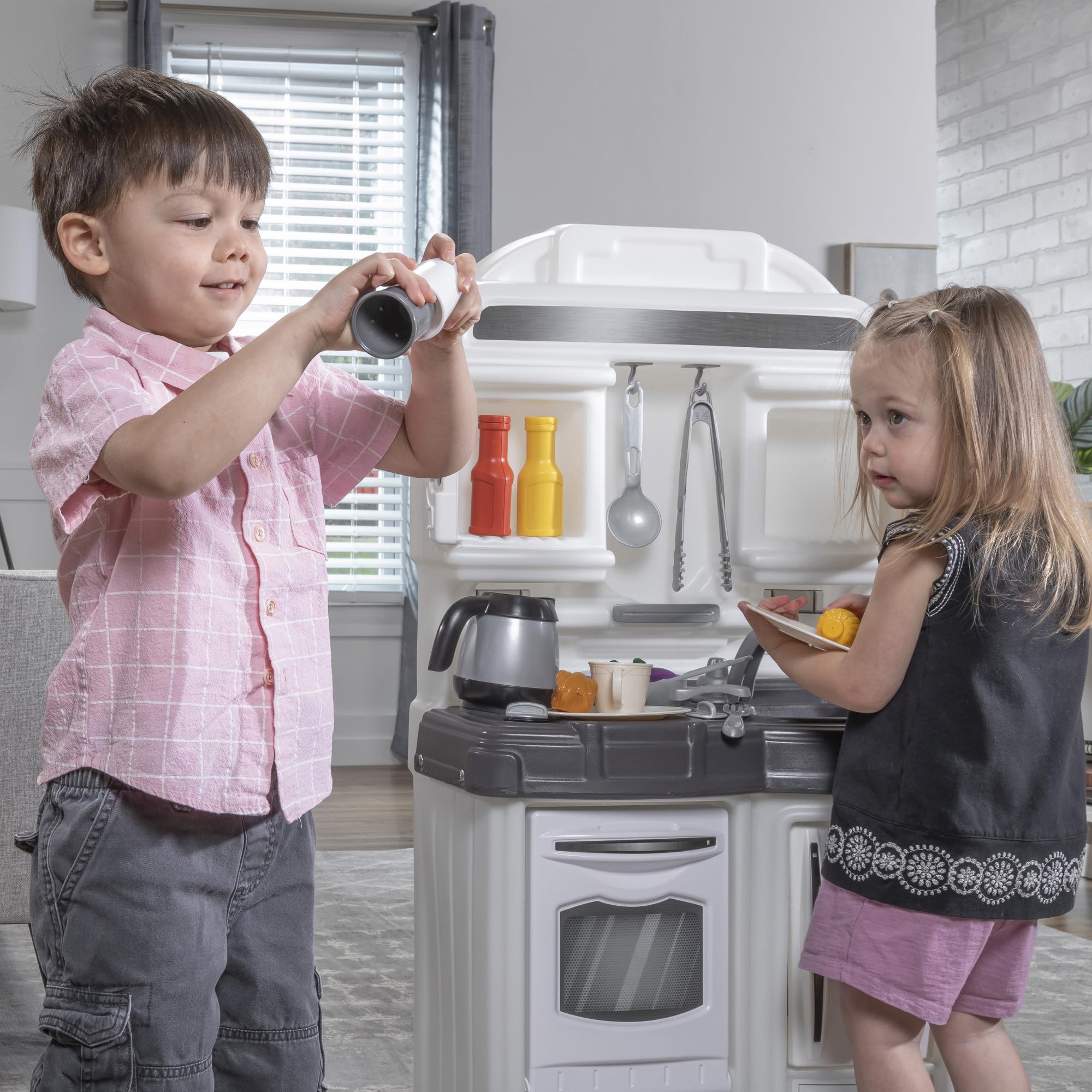 Step2 Quaint Kitchen for Kids, Play Kitchen Set, Toddlers 2+ Years Old, 20 Piece Pretend Play Pots and Pans Toy Accessories, Easy to Assemble, White