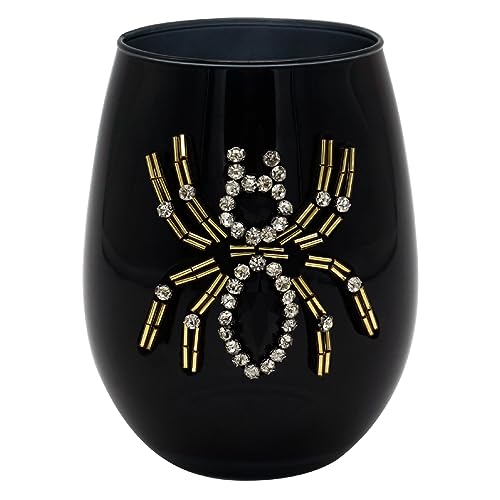 TMD Retail Black Spider Stemless Wine Glass - 22 oz - Spooky Halloween Decor Black Glass with Beaded Spider Applique Design