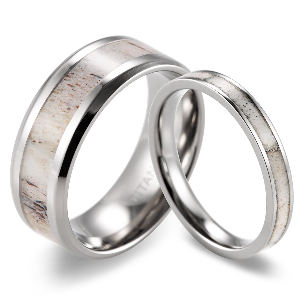 SHARDON Titanium Ring Set with Deer Antler Inlay Men Size 13 and Women Size 7.5