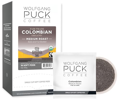 Wolfgang Puck Coffee, Colombian Organic Fair Trade, 9.5 Gram Soft Pod, 18 Count (Pack of 6)