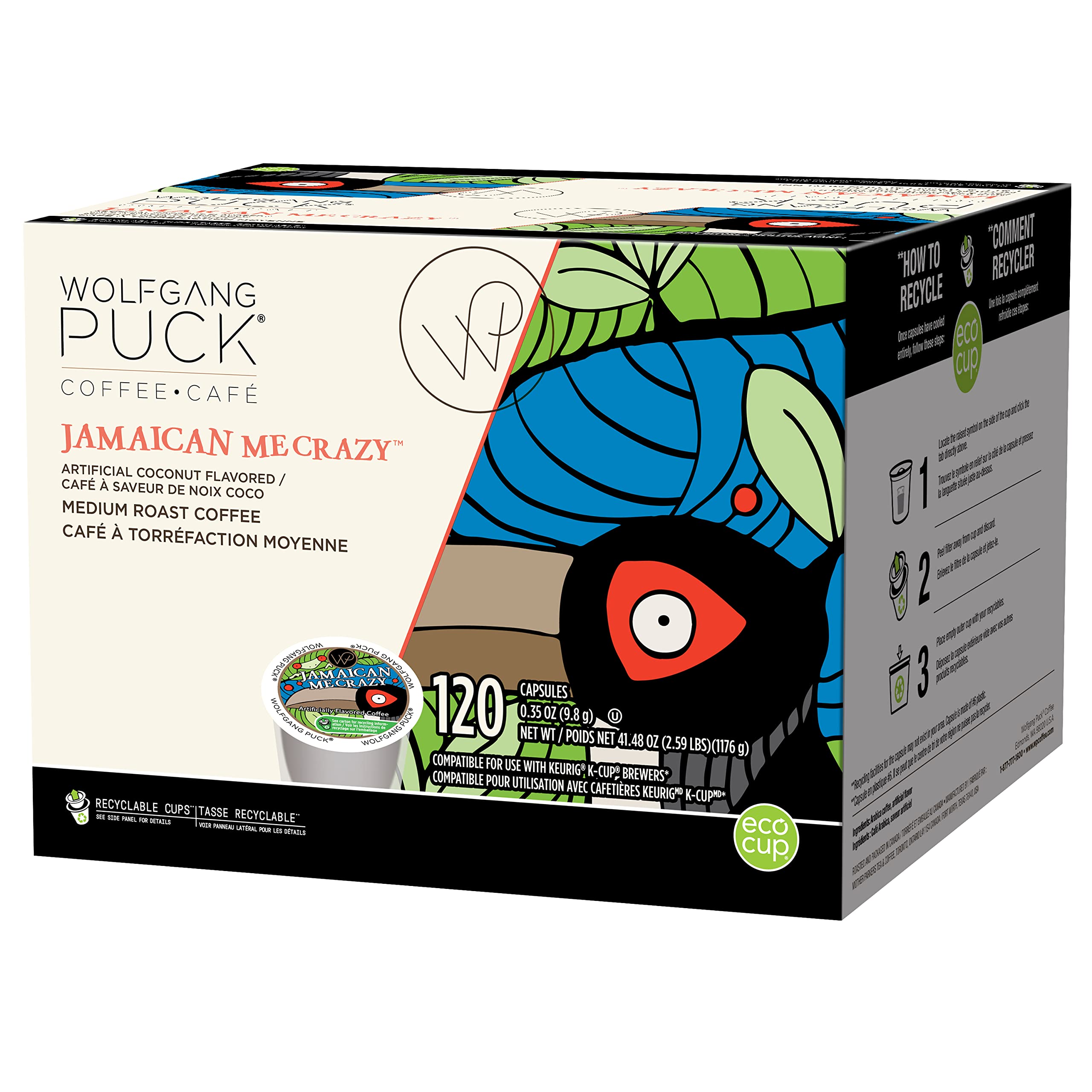 Wolfgang Puck Jamaican Me Crazy, Flavored, Medium Roast Coffee, Keurig K-Cup Brewer Compatible Pods, 120 Count (Pack of 1)