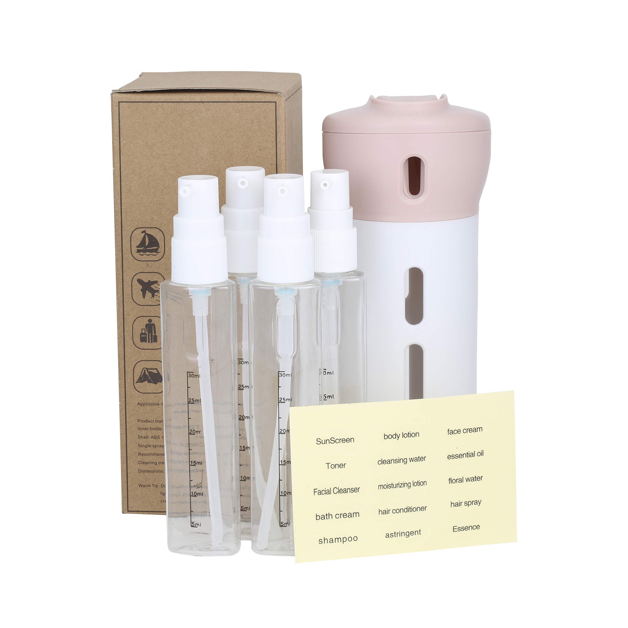 Travigo 4-in-1 Travel Dispenser Bottle, TSA Approved,Includes Four Empty Reusable 1.4 oz. (40 mL) Cosmetic Toiletry Containers for Sanitizer, Soap, Lotions, Skincare, Makeup Products (Pink)