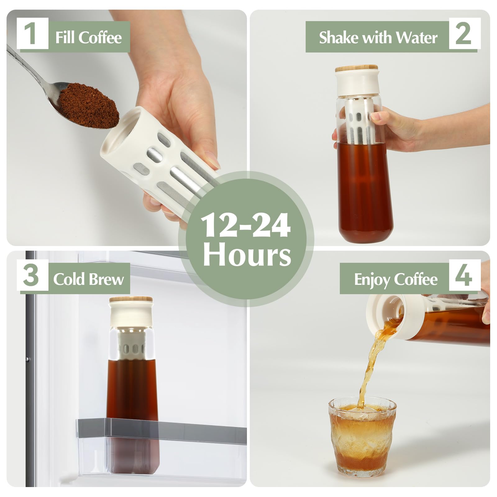 STFALI Cold Brew Coffee Maker - 1 qt, Cold Brew Maker with Durable Glass Pitcher & Double-layer Stainless Steel Mesh Filter for Iced Brew Coffee, Iced Tea Glass Water Bottle