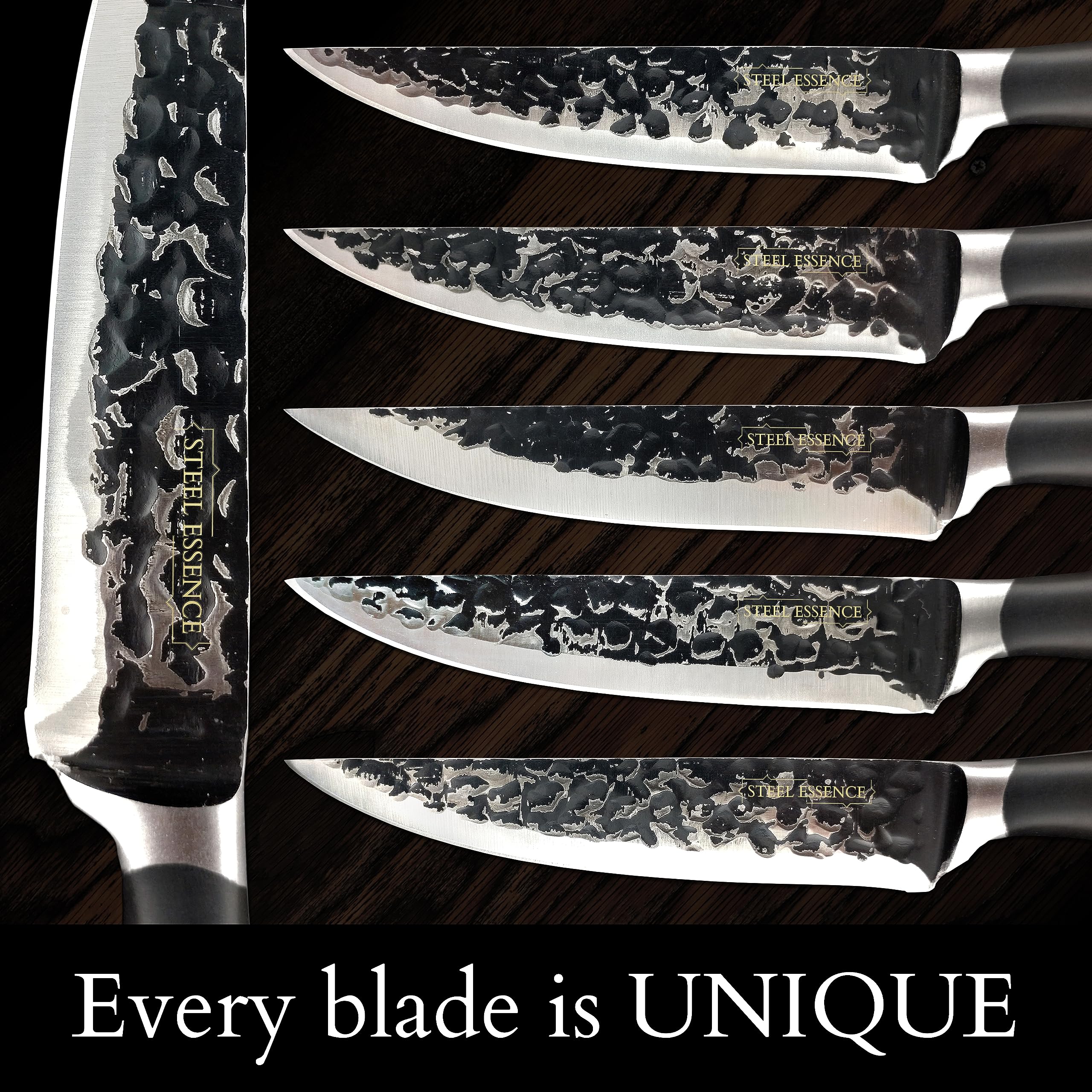 STEEL ESSENCE Premium Steak Knives Set of 6 with Unique Black Pattern - Gift Set | Stainless Steel Steak Knife Set