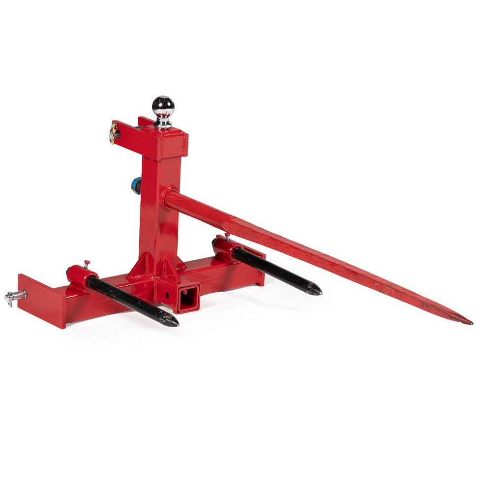 Titan Attachments 3 Point Gooseneck Tractor Trailer Hitch with 49" Hay Bale Spear and Stabilizer Spears, Fits Category 1 Tractors, Red Finish, 2" Receiver Hitch, 2" Gooseneck Ball