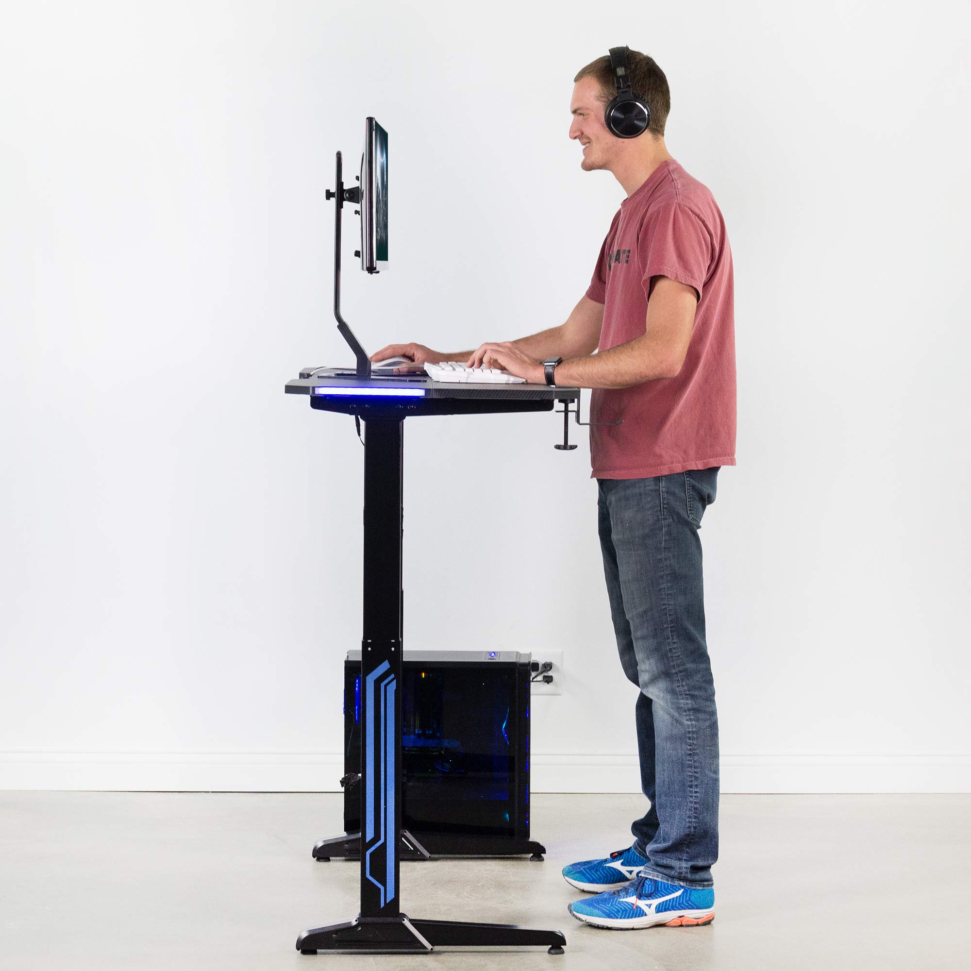VIVO Black Electric 47 inch Height Adjustable Gaming Desk with Blue LED Lights, Ergonomic Home Office Computer Table Workstation, DESK-GME2B