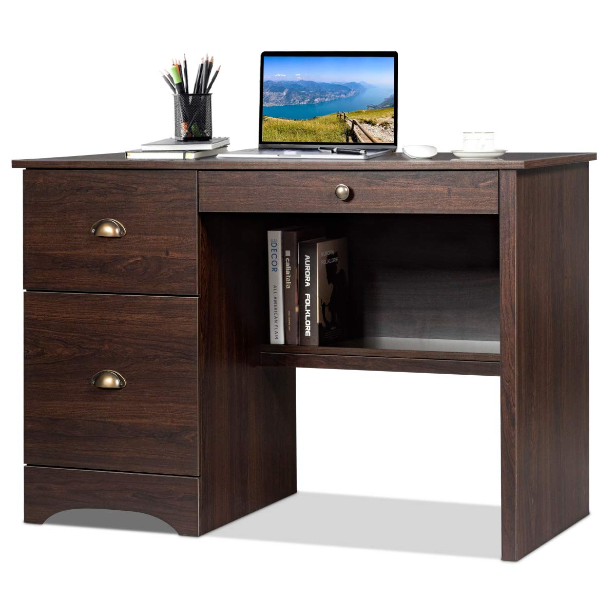 Tangkula Computer Desk with Drawers, Wood Frame Home Office Desk with Storage Shelf, Vintage Desk Executive Desk with Spacious Desktop, Ideal for Bedroom, Living Room, Office