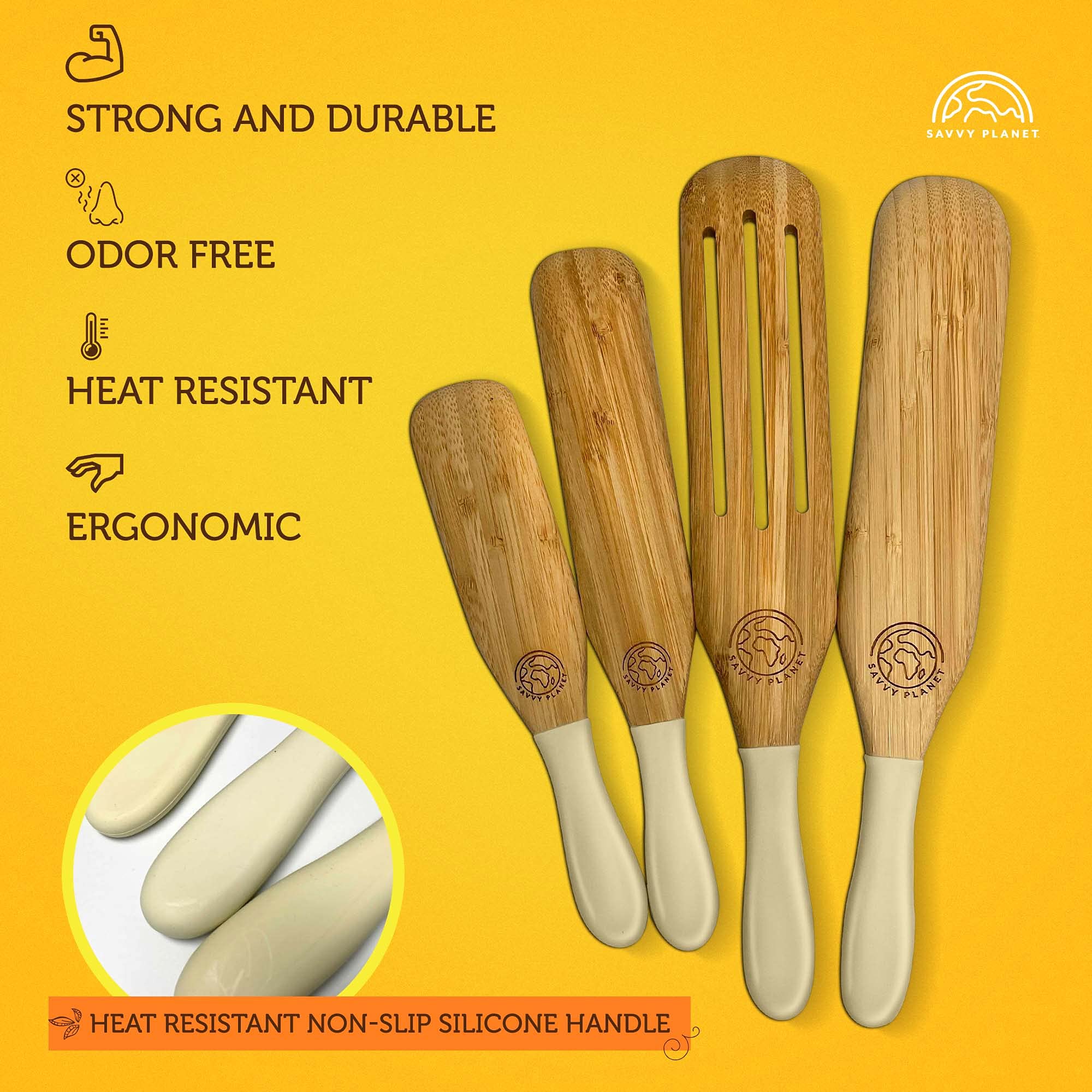 SAVVY PLANET - Bamboo Wooden Spurtle Set | Handles with Silicone Grip | Multi-Use Cooking Utensils (4 Pack) Included in Canvas Giftable Bag - White