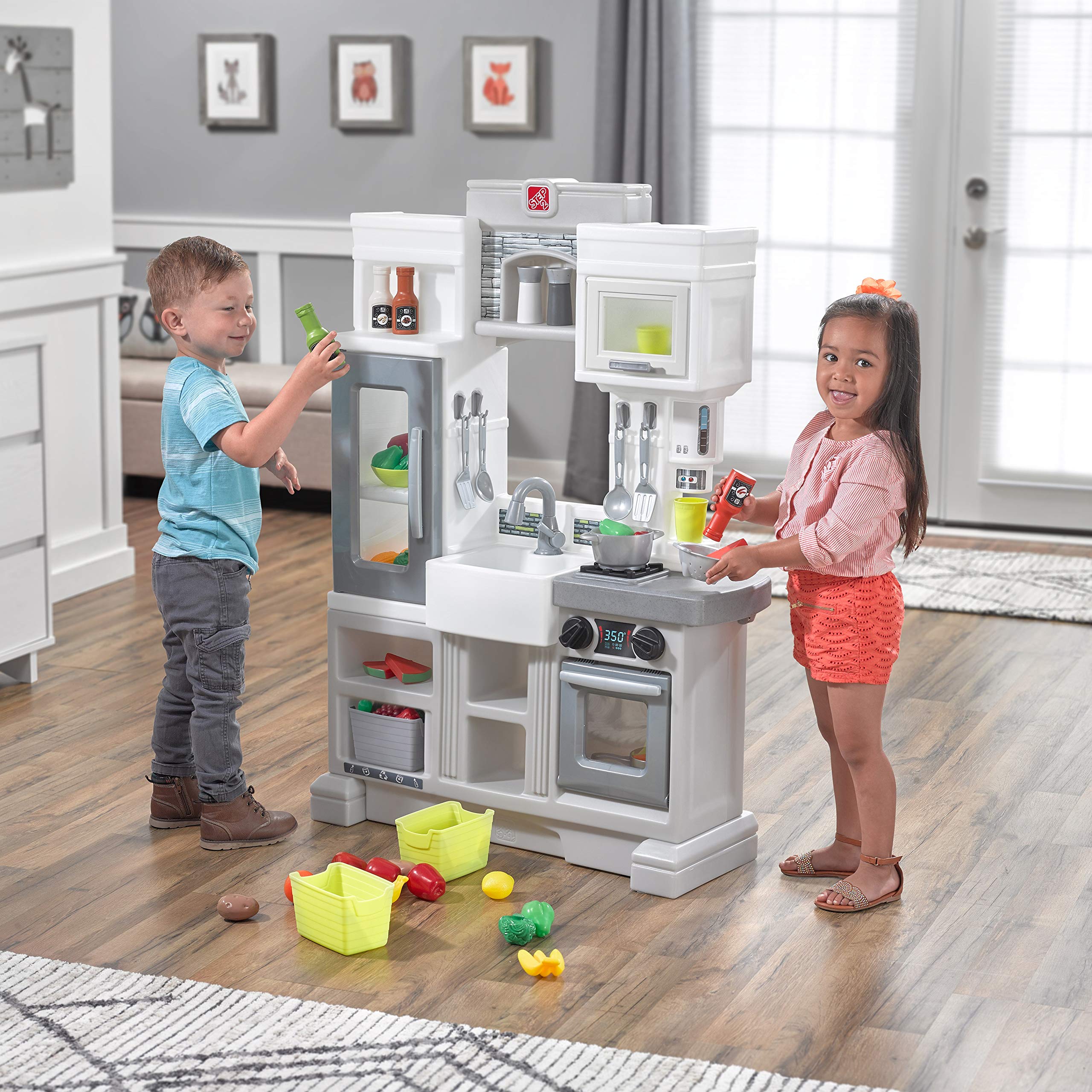 Step2 Downtown Delights Play Kitchen | Kids Kitchen Playset | Kitchen Toy with Realistic Lights & Sounds, Gray