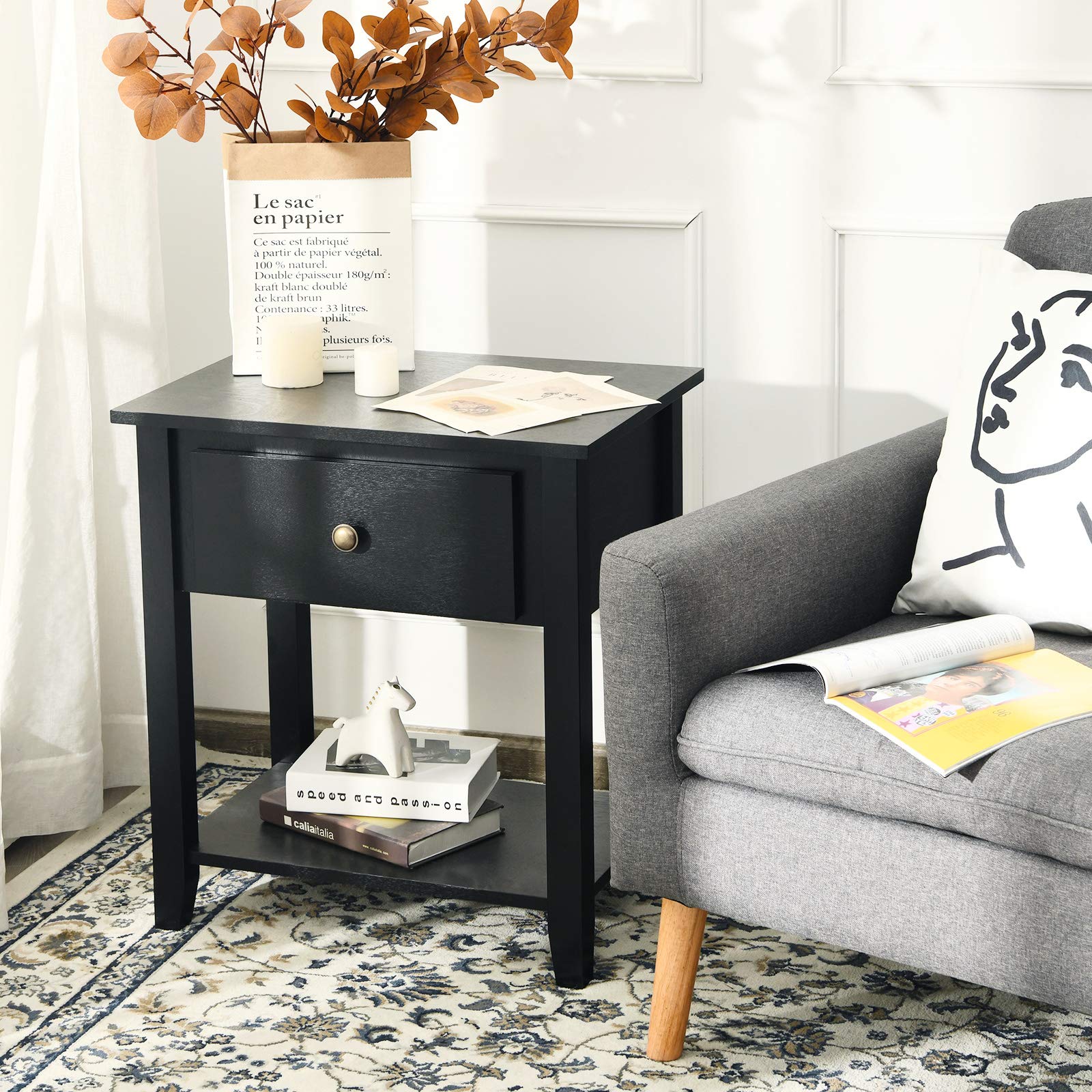 Tangkula End Table with Drawer, Nightstand w/Drawer and Storage Shelf, Beside Sofa Table for Home Bedroom Living Room, Chest Sofa Side Bedside Storage End Table, Accent Table with Open Shelf