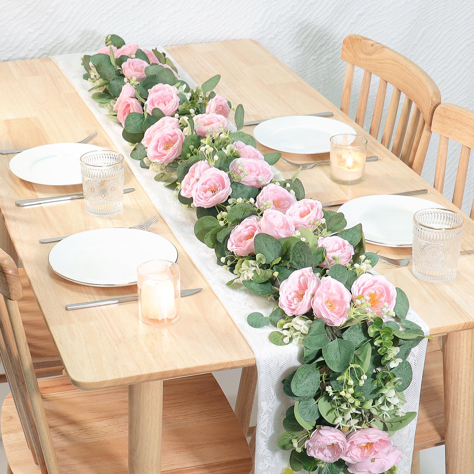 TOCHGREEN 2 Pack 13Ft Artificial Eucalyptus Flower Garland with Pink Roses, Fake Rose Flower Greenery Garland Floral Vines for Wedding Home Party Table Runner Decor (2PCS, Pink)