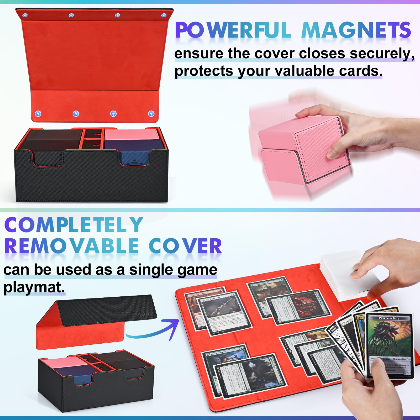 UAONO Card Deck Box with 4 PCS MTG Deck Box for Trading Cards, PU Leather Card Storage Box Holds 900+ Sleeved Cards, Large Card Deck Case Holder for Commander Yugioh PTCG Gaming Cards (Black&Red Set)