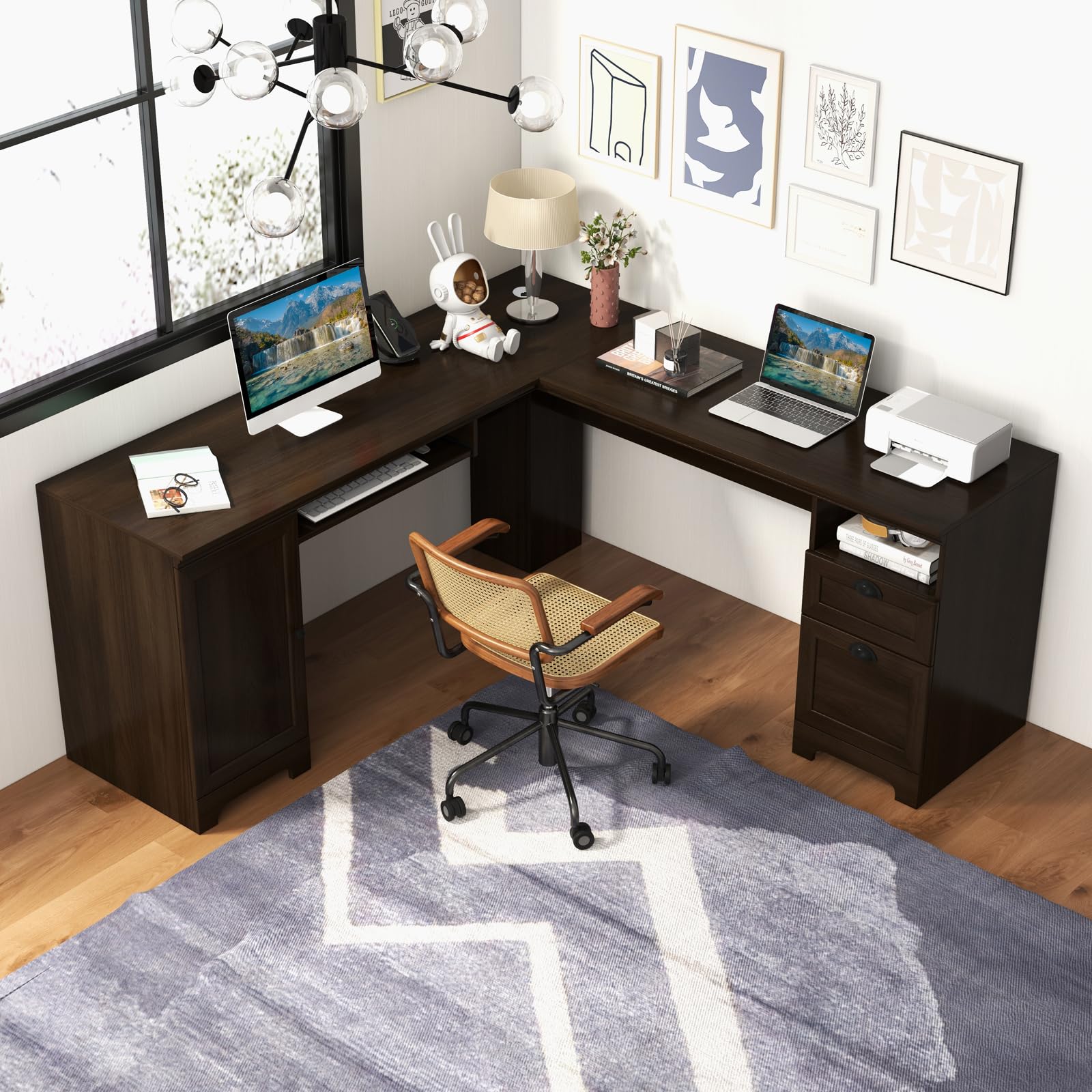 Tangkula L-Shaped Desk, 66" × 66" Corner Computer Desk with Drawers and Storage Shelf, Home Office Desk, Sturdy and Space-Saving Computer Workstation, Black