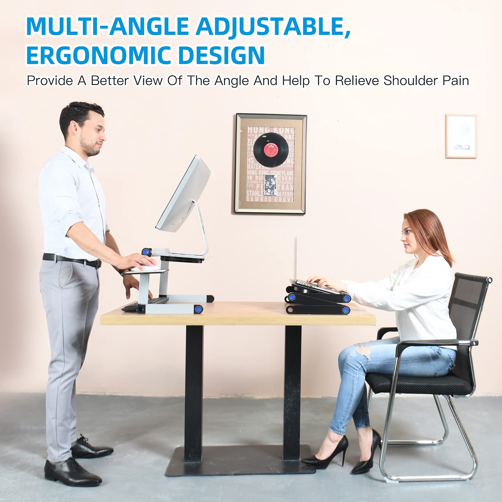Upgraded Aluminum Laptop Stand Adjustable with Cooling Fan and Mouse Pad, Reinforced Ergonomic Lap Desk Foldable Portable Computer Table for Bed Sofa Couch Office (Extra Wide Tray: 19", Silver)