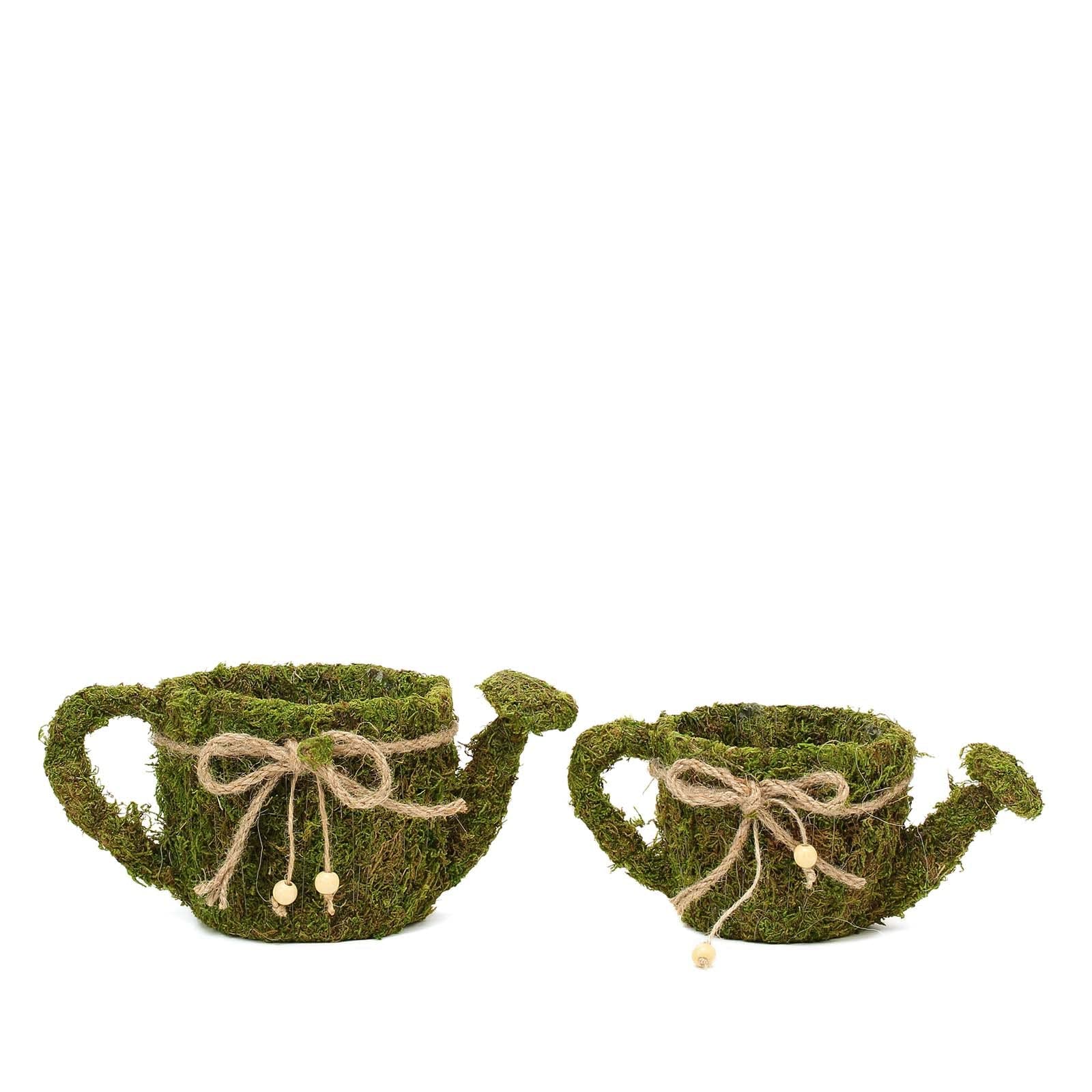 TABLECLOTHSFACTORY Set of 2 | Preserved Moss Watering Can Planter Box with Natural Braided Twine Bow - 11" & 10"
