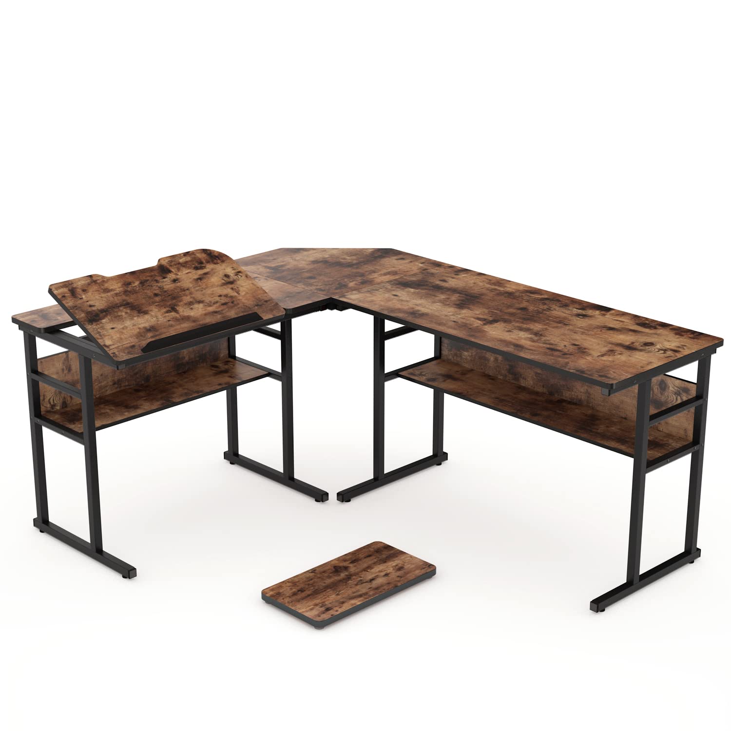 Tribesigns Industrial L-Shaped Desk with Bookshelf, 67 inch Double Corner Computer Office Desk Workstation Drafting Drawing Table with Tiltable Tabletop for Home Office(Rustic Brown)