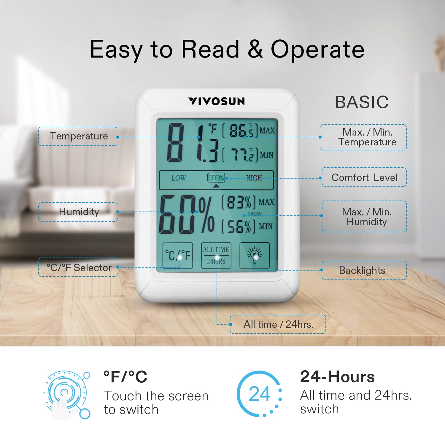 VIVOSUN Digital Thermometer Grow Tent Hygrometer, Indoor Outdoor Temperature and Humidity Meter Guage with Backlight for Home, Office, 2 Pack