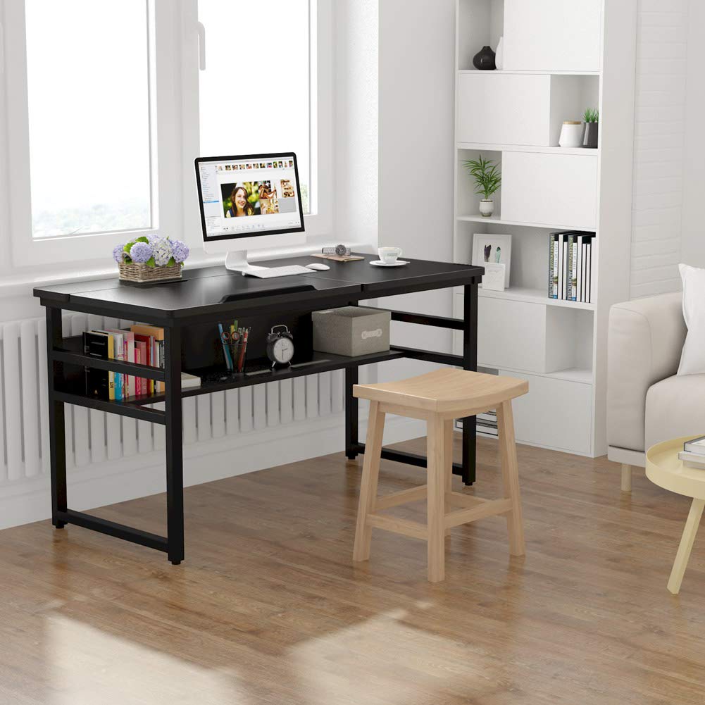 Tribesigns Modern Drafting Desk Drawing Table with Storage Shelf, 55 inch Large Computer Desk Writing Desk Craft Workstation with Tiltable Tabletop for Artist, Home Office (Black)