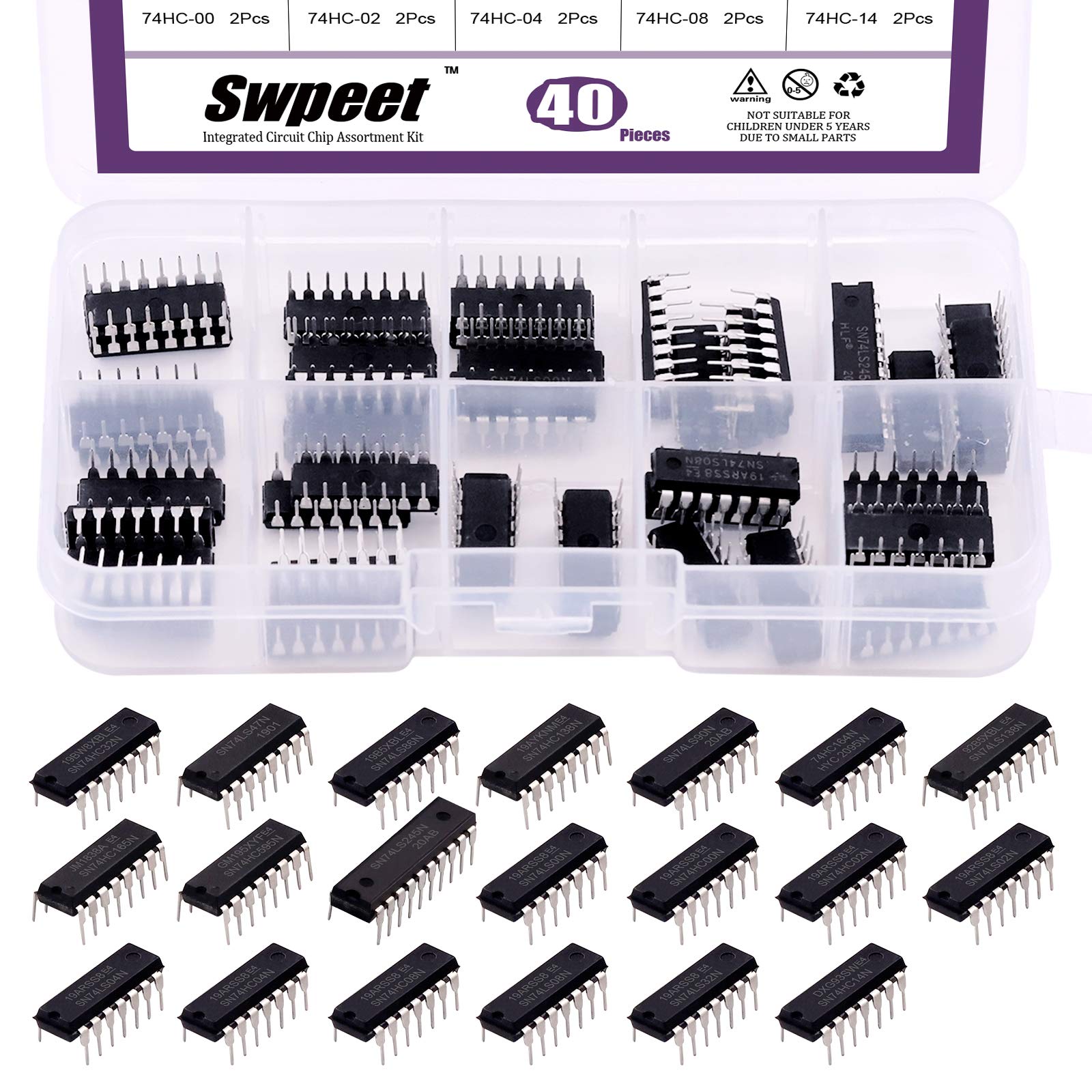 Swpeet 40Pcs 20 Different Types 74HCxx and 74LSxx Series Logic IC Assortment Kit with Container, Low-Power Schottky Logic IC Series Shift Output Registers IC chip for IC Chip Work