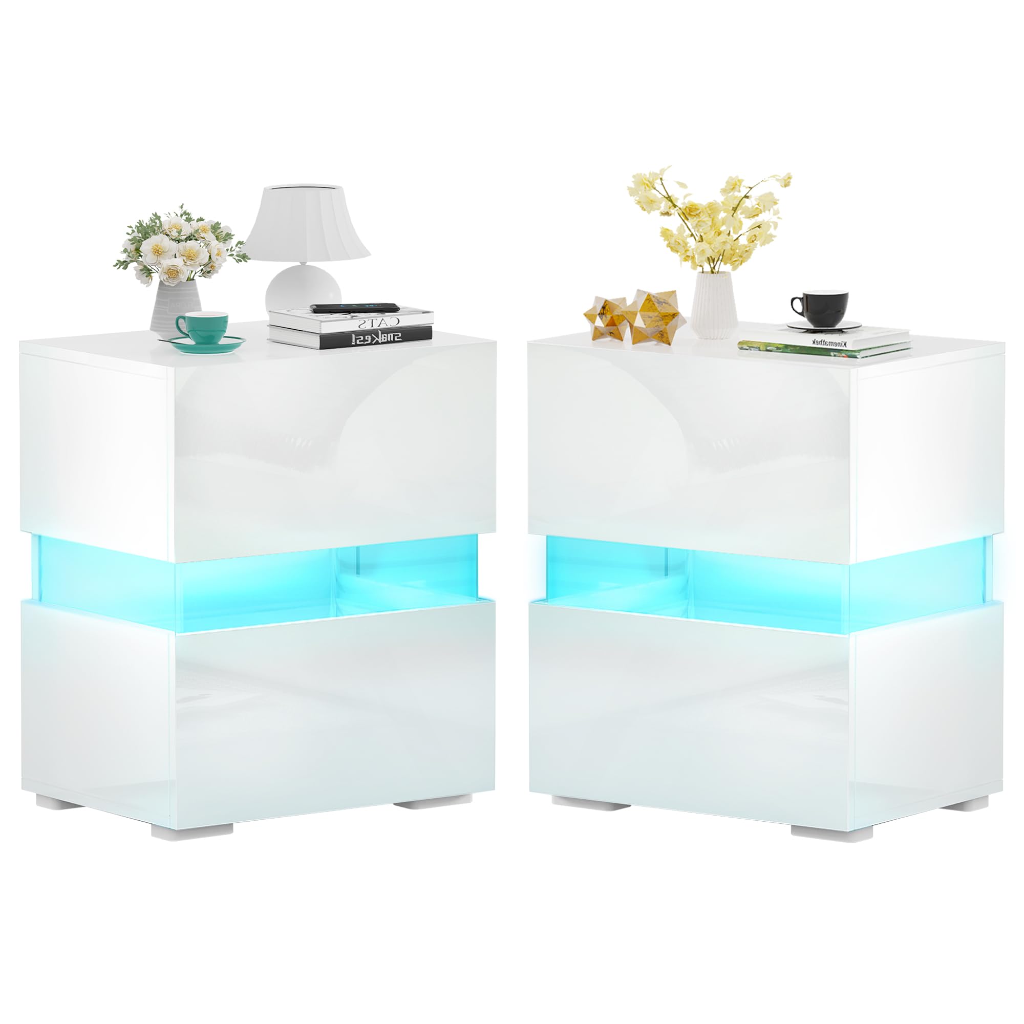 SUPERJARE LED Nightstands Set of 2, Bedside Tables with LED Lights, Night Stands with High Gloss Drawers, Remote, End Tables Side Tables, for Bedroom - White