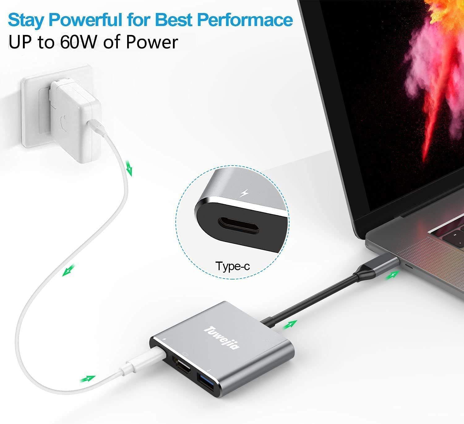 Tuwejia USB C to HDMI Multiport Adapter USB 3.1 Gen 1 Thumderbolt 3 to HDMI 4K Video Converter/USB 3.0 Hub PD Quick Charging Port with Large Projection