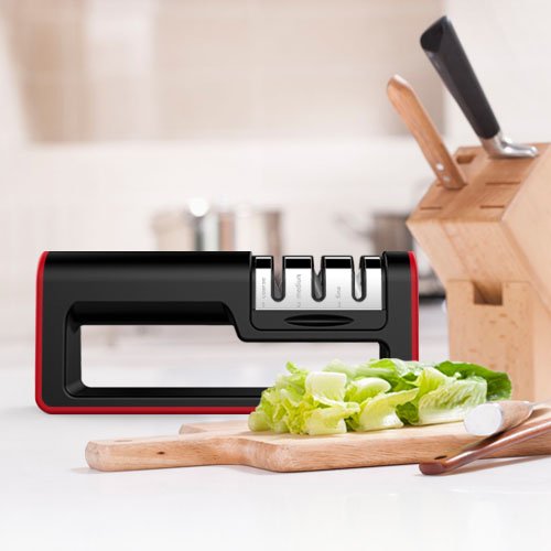 Upgraded Kitchen Knife Sharpener, Ulwae 3-Stage Knife Sharpener to Restore Non-Serrated Knife Blades Quickly, Safely, and Easy to Use for Kitchen, Camping, Hiking and Household Use Red-Black