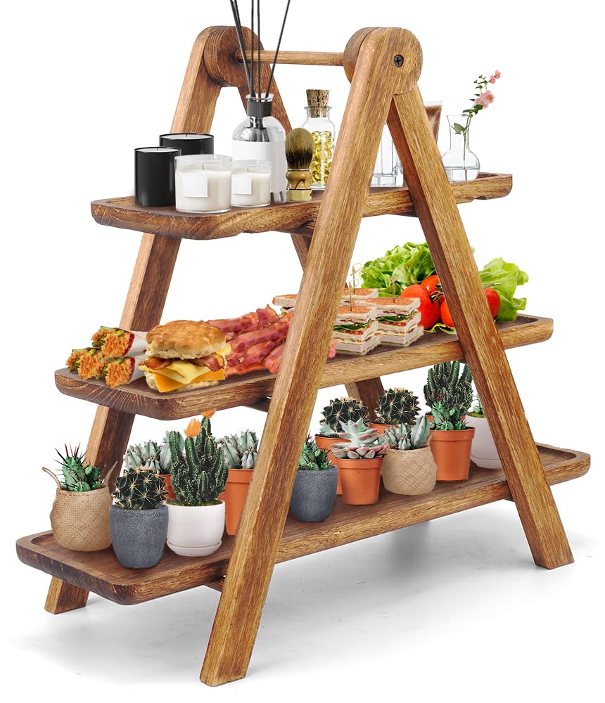 Wood 3 Tier Serving Tray Three Tiered Serving Stand, Rectangle Serving Platter Wooden Farmhouse Tiered Tray, Party Serving Dishes for Entertaining, Rustic Wood Tray Vintage Party Trays and Platters
