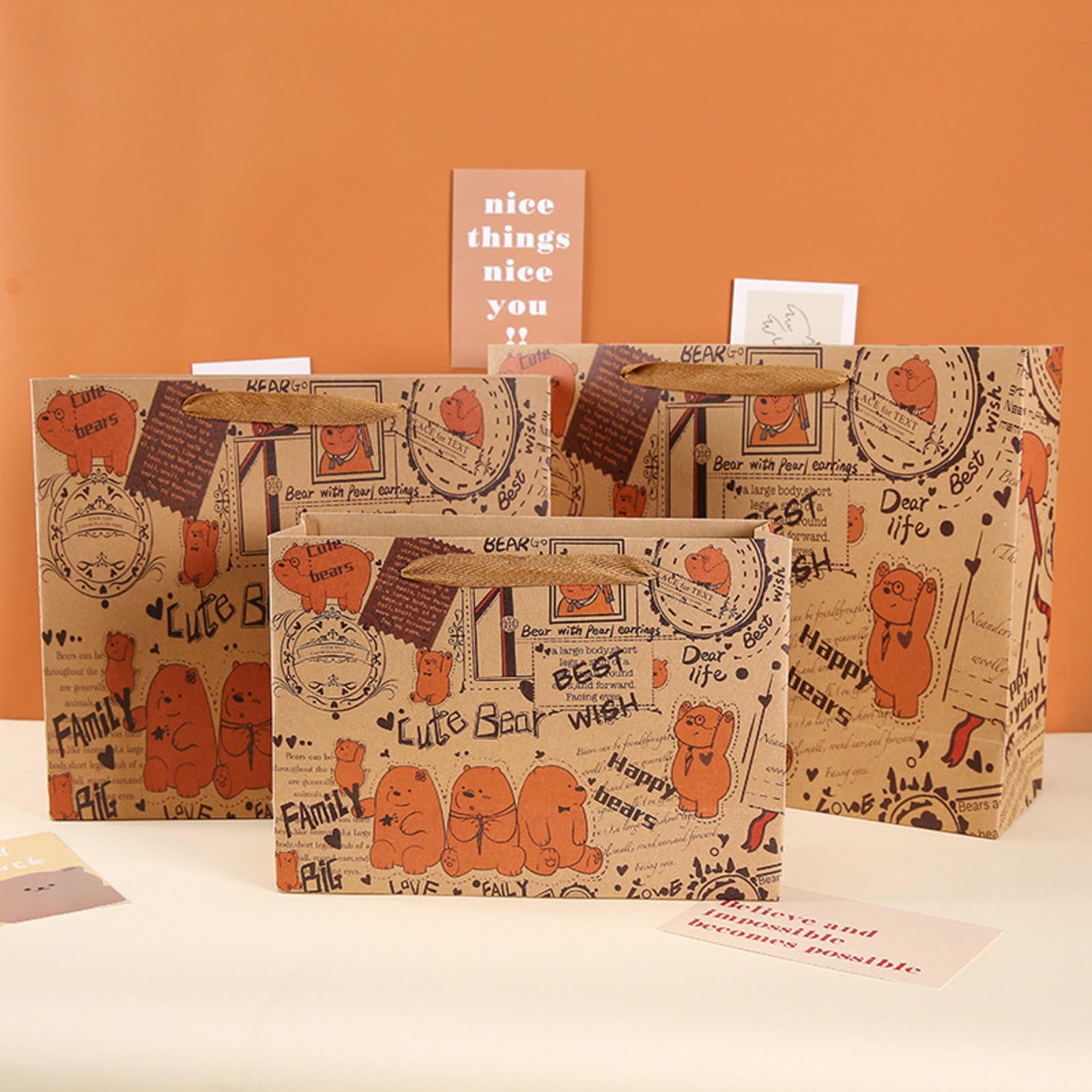 TaboSi Cute little bear kids' clothing portable Kraft paper bag clothes snack birthday gift retro gift bag