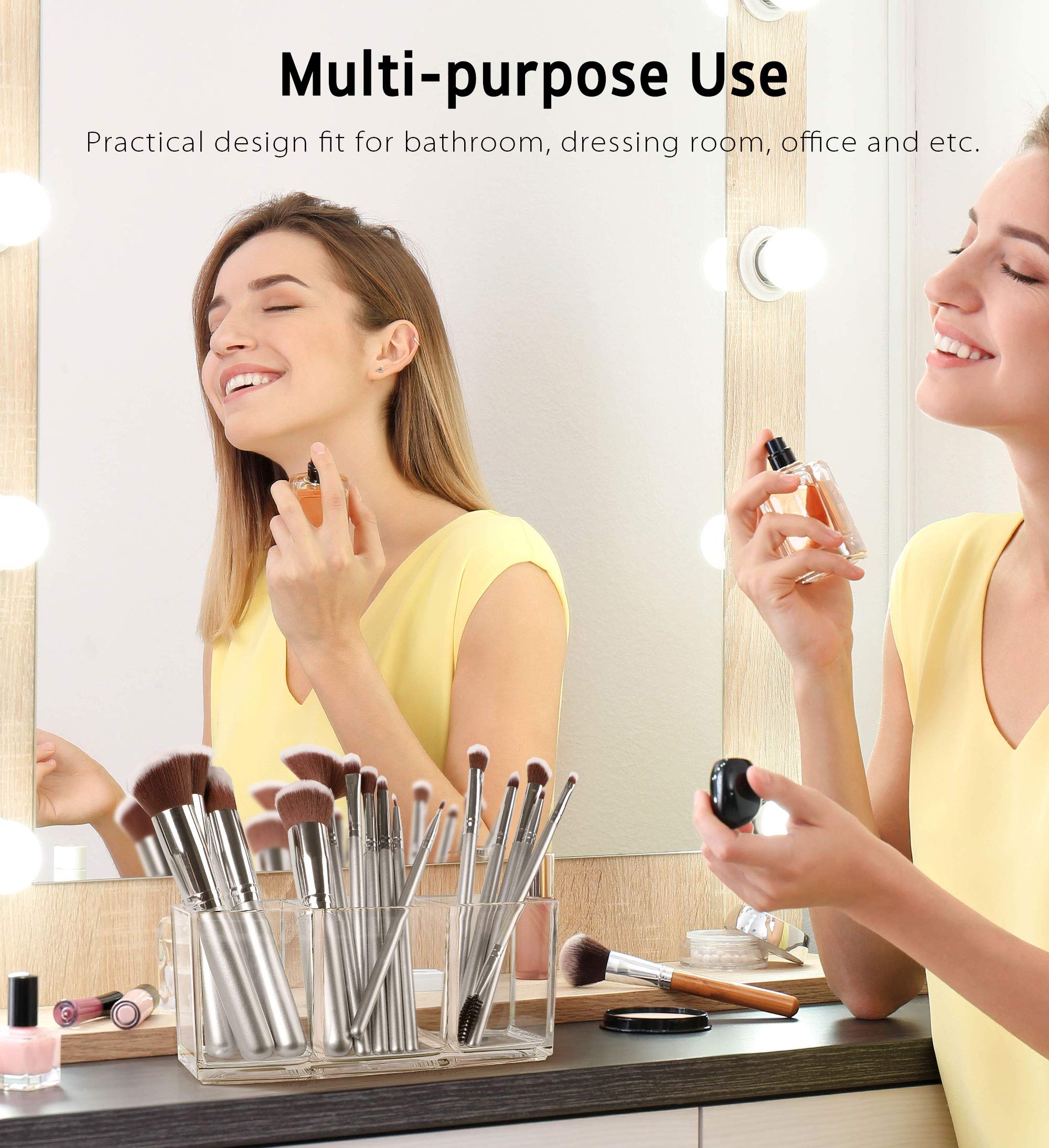 Syntus Makeup Brush Holder Organizer, Acrylic 3 Slot Large Capacity Cosmetic Brushes Storage Box, Clear