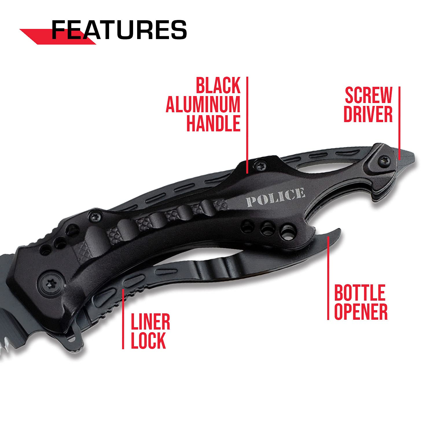 TAC Force- Spring Assisted Folding Pocket Knife โ Black Stainless Steel Blade with Black Aluminum Handle, Bottle Opener, Glass Punch and Pocket Clip, Tactical, EDC, Rescue - TF-705 , 3.25 inch blade