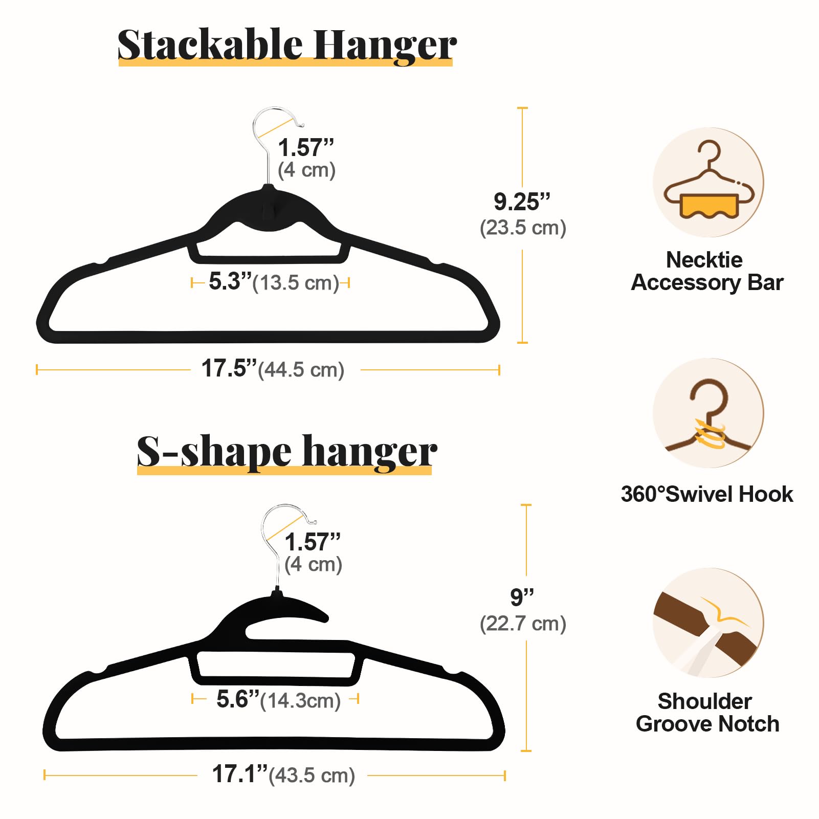 UEAKPIC Black Velvet Hangers 50 Pack, S-Shaped and Stackable Non Slip Felt Hanger with 360°Swivel Hook, Ultra Thin and Space Saving Flocked Hangers for Suits, Shirts, Coats, 15Lbs Capacity Heavy Duty
