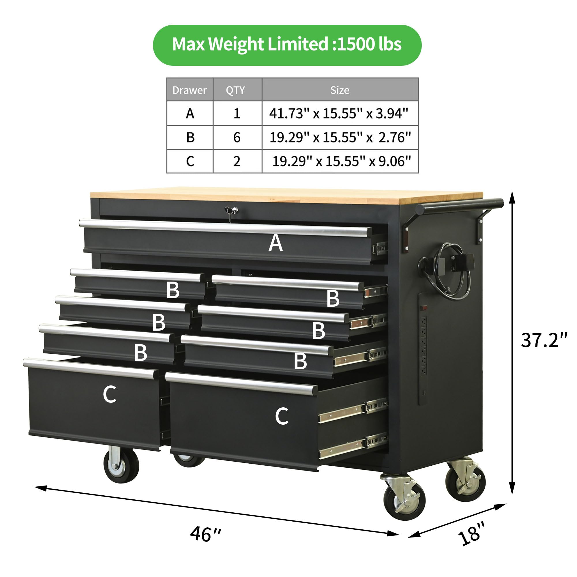 TOPKEY 46" Rolling Tool Chest Mobile Cabinet with Rubber Wood Top & 9 Drawers, Heavy Duty Workstation for Garage, Workshop, with Power Strip, 1500 lbs Load Capacity