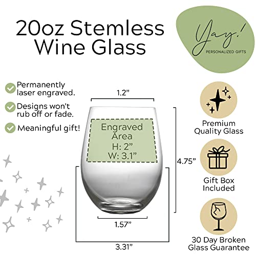 Yay! Personalized Gifts Never Too Far To Wine Together Customizable Wine Glass - Long Distance Friendship Gift, Moving Away Gift or Housewarming Gift (20oz Stemless Wine)