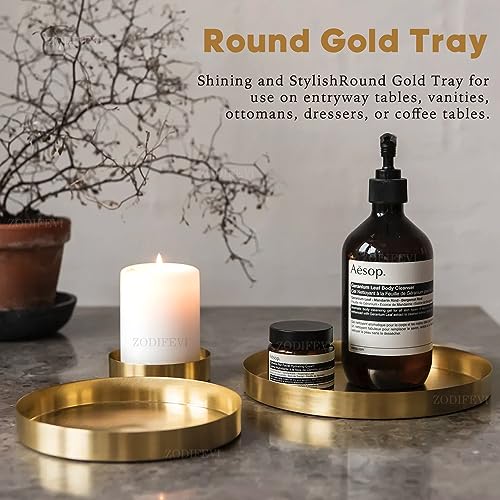 ZODIFEVI Gold Round Trays, 12 Inch Large Round Gold Serving Tray, Gold Tray Decorative, Gold Serving Tray, Decorative Tray for Jewelry, Makeup, Candle, Toiletry, Kitchen Tableware, Bar, Cafe (Large)