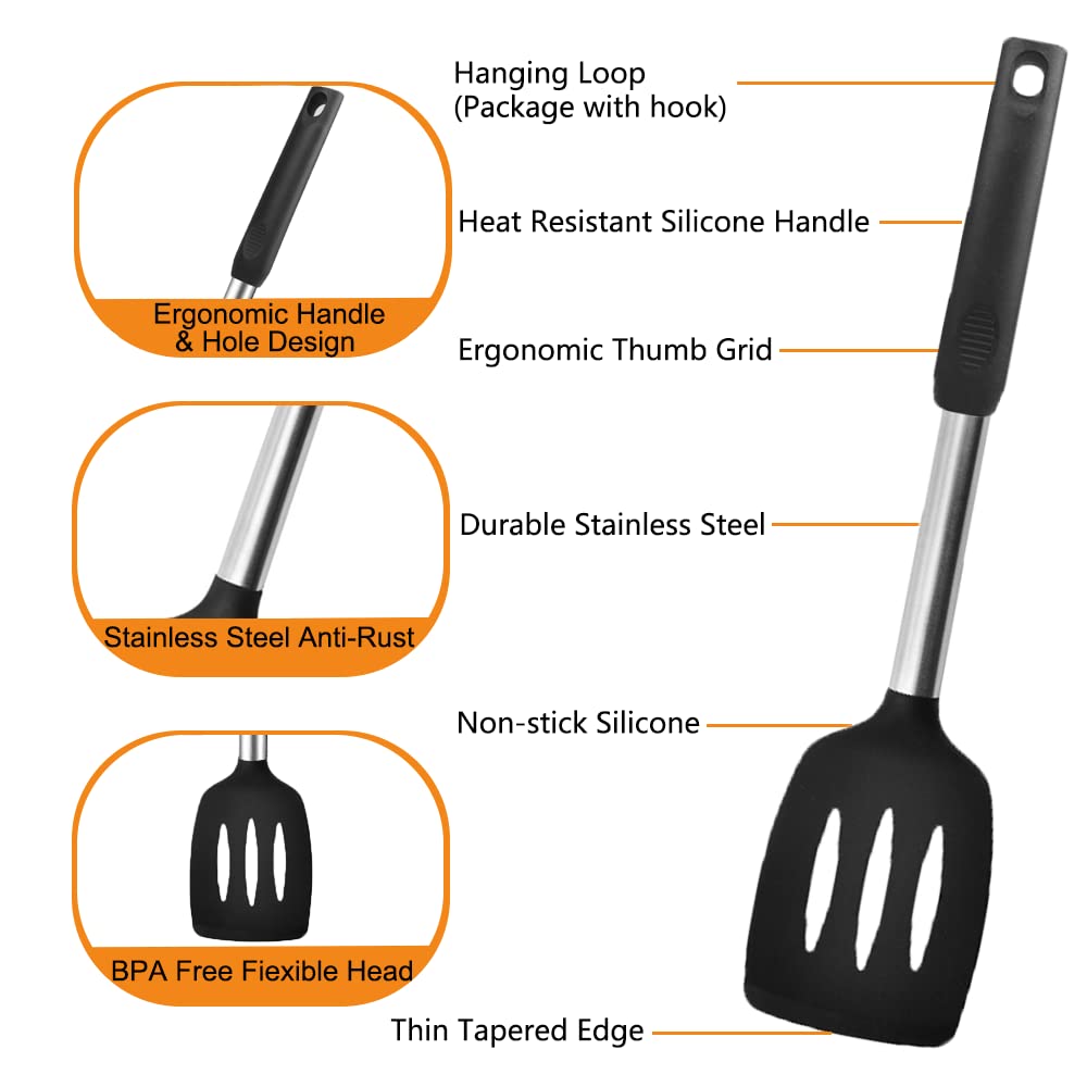 Silicone Cooking Spatulas and Spoons, 5 Pack Heat Resistant Solid & Slotted Silicone Cooking Utensils Set, Non Stick Large Kitchen Silicone Spatula and Spoons for Cooking, Mixing, Serving, Draining