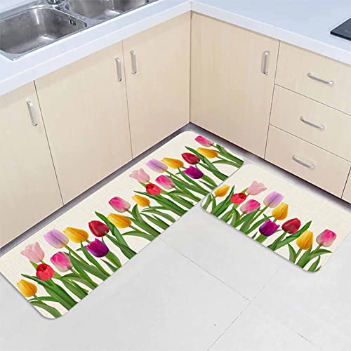 ZOE GARDEN 2 Pcs Kitchen Rug Set, Retro Spring Flower Non-Slip Kitchen Mats and Rugs Comfort Floor Door Mat Doormat, Tulip Floral Red Purple Yellow Throw Bath Runner Rug Mat