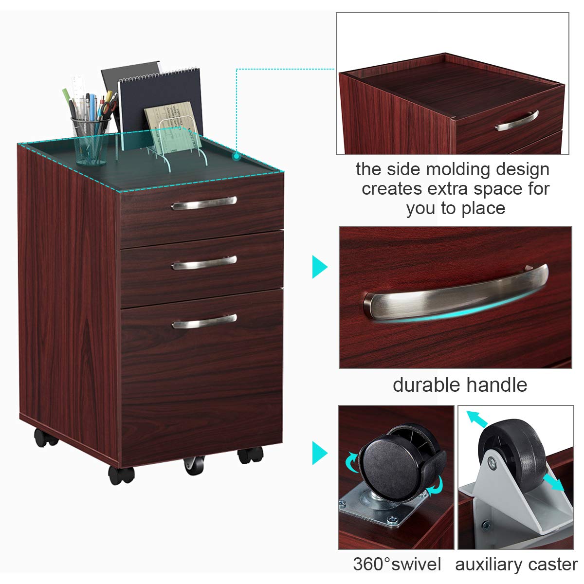 Sunon 3-Drawer Vertical Filing Cabinet Rolling Wood Mobile File Cabinets for Home Office with Casters (Manhogany, Non-Assembled)