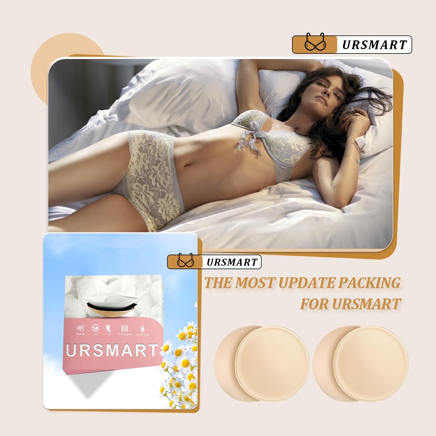 URSMART 6 Pairs Round Bra Inserts Pads, Removable and washable Bra Cups Inserts for Bikinis Top Swimsuit Sport Bra (A/B Beige)