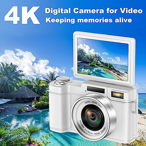 Toiauaha 4K Digital Camera for Photography, 48MP Vlogging Camera with 16X Digital Zoom, White, Unisex