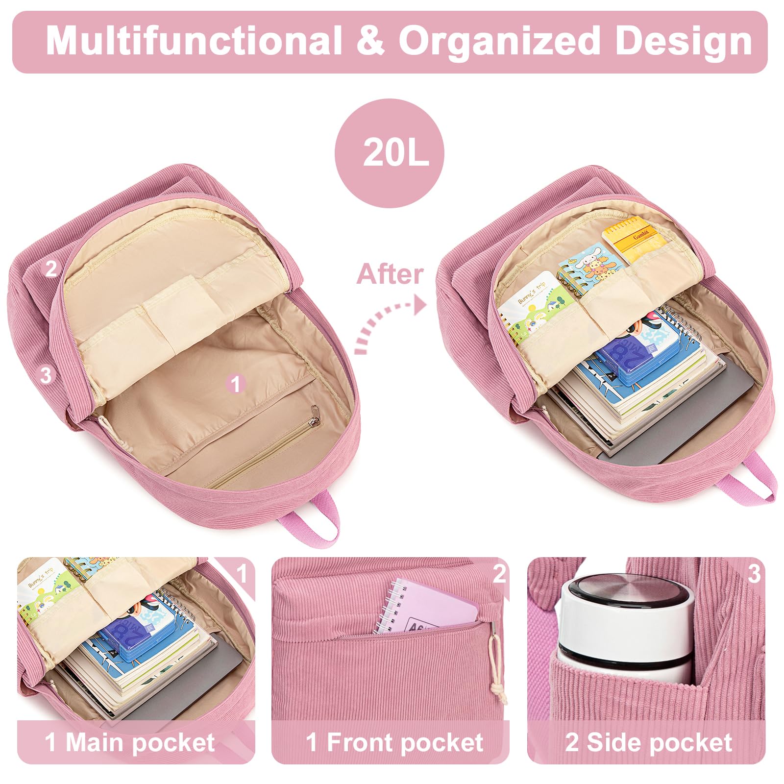 School Backpack for Teens Large Corduroy Bookbag Lightweight 17 inch Laptop Bag for Girls Boys Casual High School College
