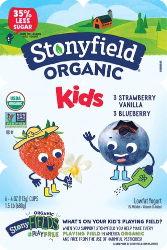 Stonyfield Organic Kids Strawberry Vanilla & Blueberry Lowfat Yogurt Cups Variety Pack, 4 oz. Each, 6 Ct