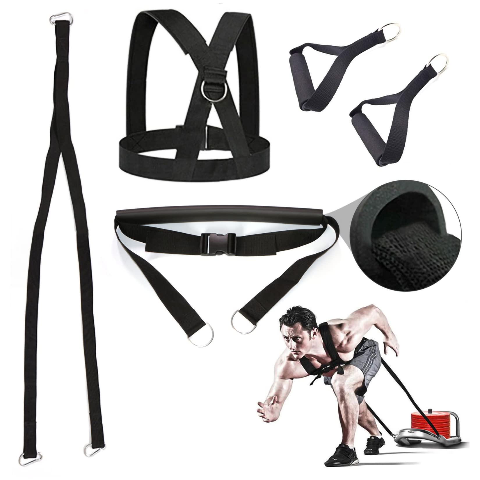 Sunsign Multi-Purpose 5-Pcs 6.6FT Sled Harness Kits Pulling Tires Sleds Parachutes for Sprinting Football Lacrosse Baseball Soccer Power Pulling Resistance Speed Agility Training